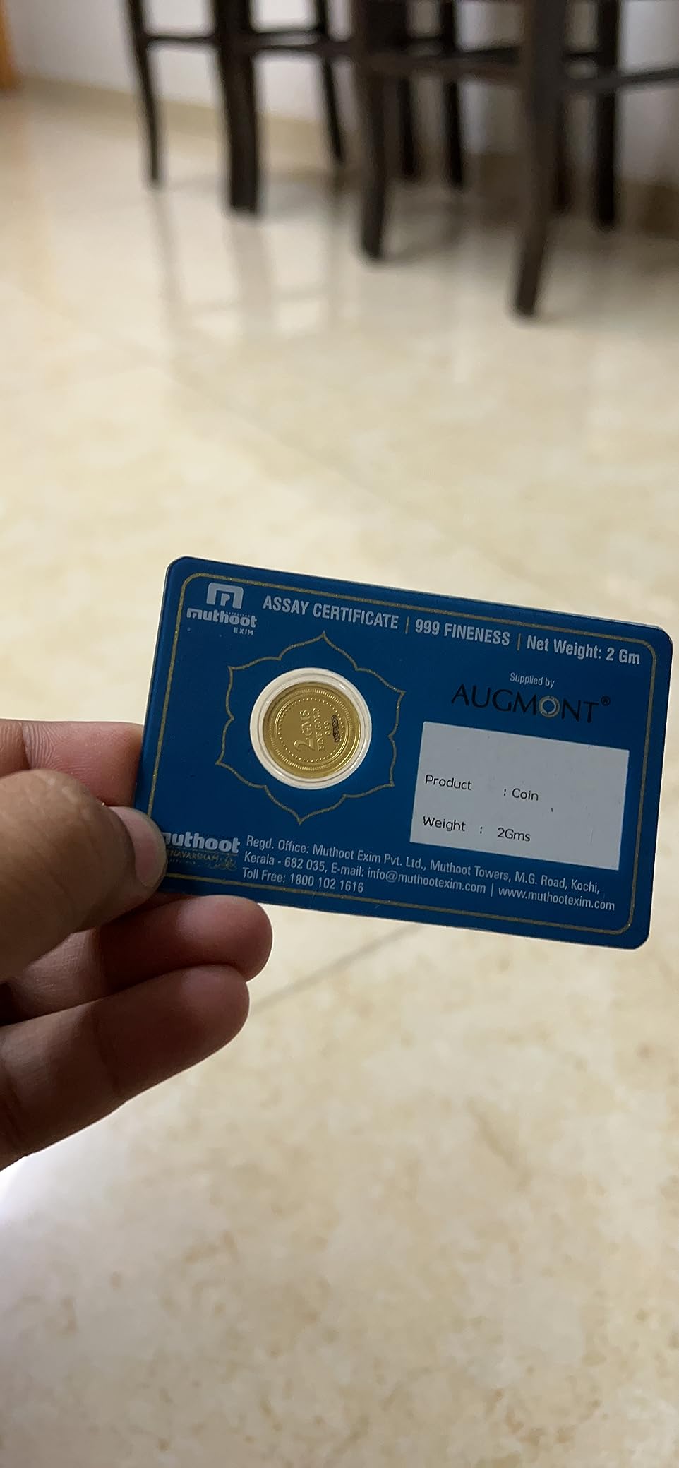 Buy Muthoot Pappachan Swarnavarsham Hallmarked 24KT 999 Gold Coin (2 Gm ...