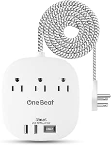 Flat Plug Power Bar, Flat Extension Cord 3 Ft - 3 Outlets 4 USB Ports ...