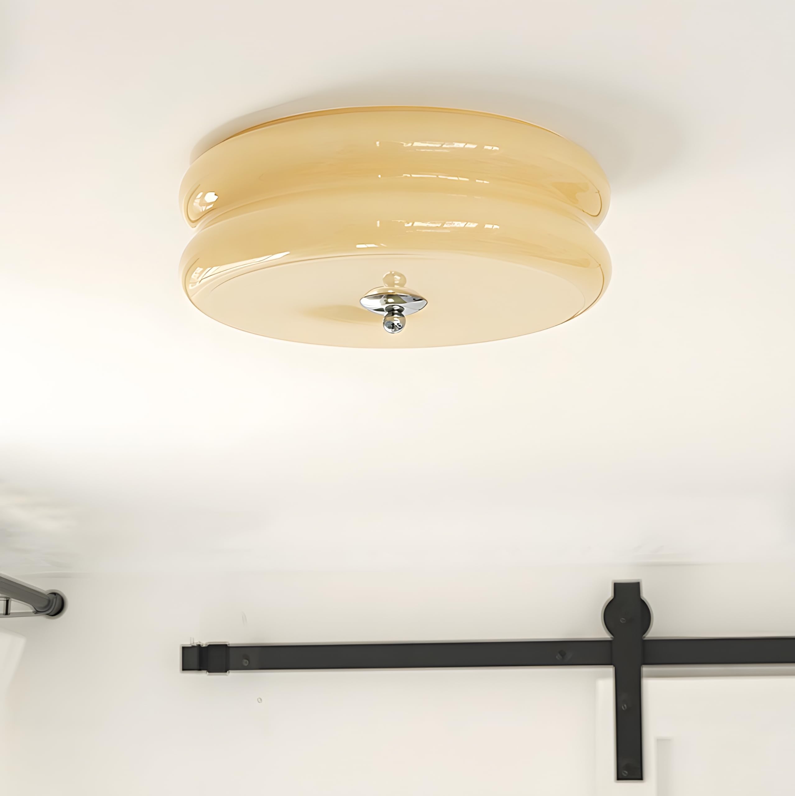 Bofea-Modern Minimalism Semi Flush Ceiling Light Yellow Glass LED Round ...