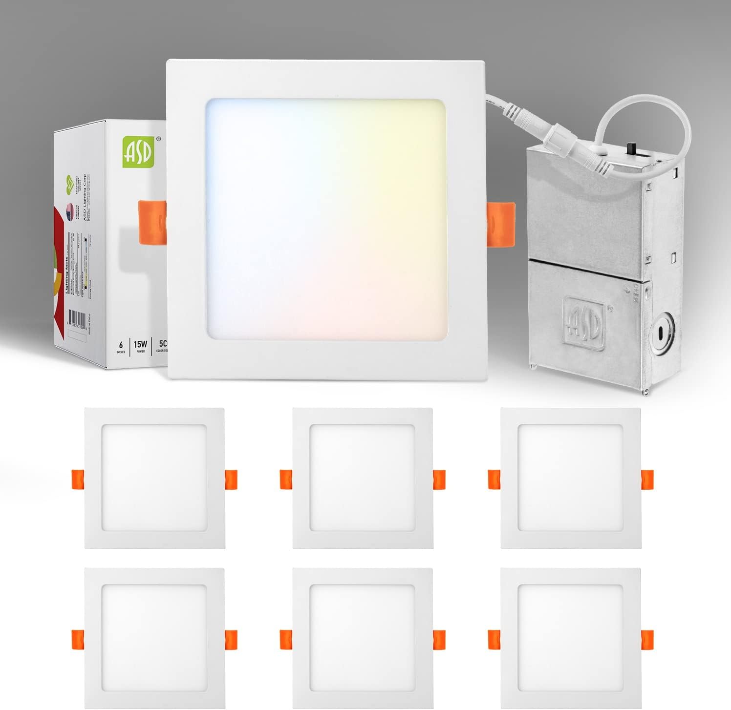 ASD Iluminación empotrable LED cuadrada ultrafina de 6 pulgadas, 5 CCT 2700K-5000K ...