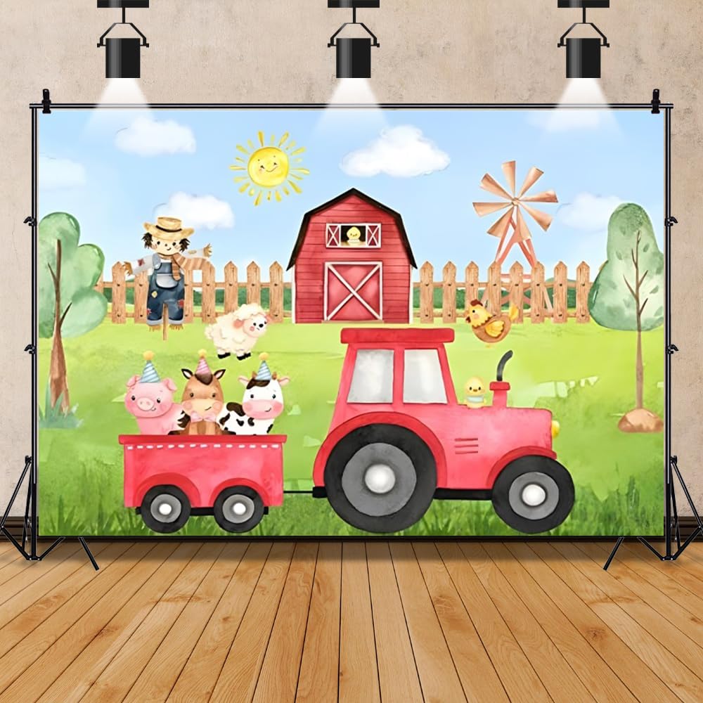 Amazon.com : ZARROUEA 7X5FT Farm Birthday Backdrop Cartoon Farm Red ...