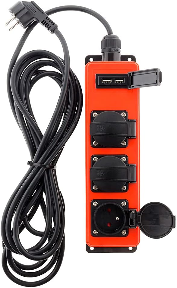 Waterproof multi-socket adaptor, 3 plug sockets 16A 2P+T with 2 x USB 2 ...