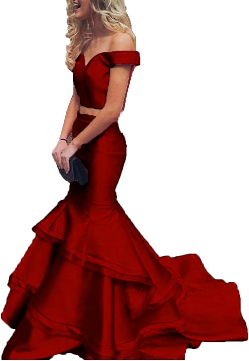 Amazon.com: Bonnie Off The Shoulder Satin Prom Dresses 2020 Long Two ...