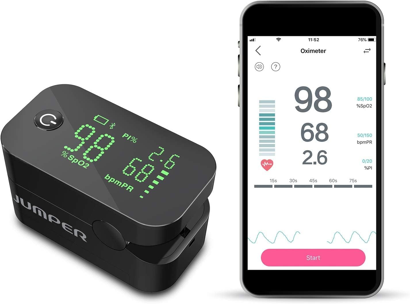 JUMPER Wireless Pulse Oximeter with Large Display for Measuring SpO2 ...