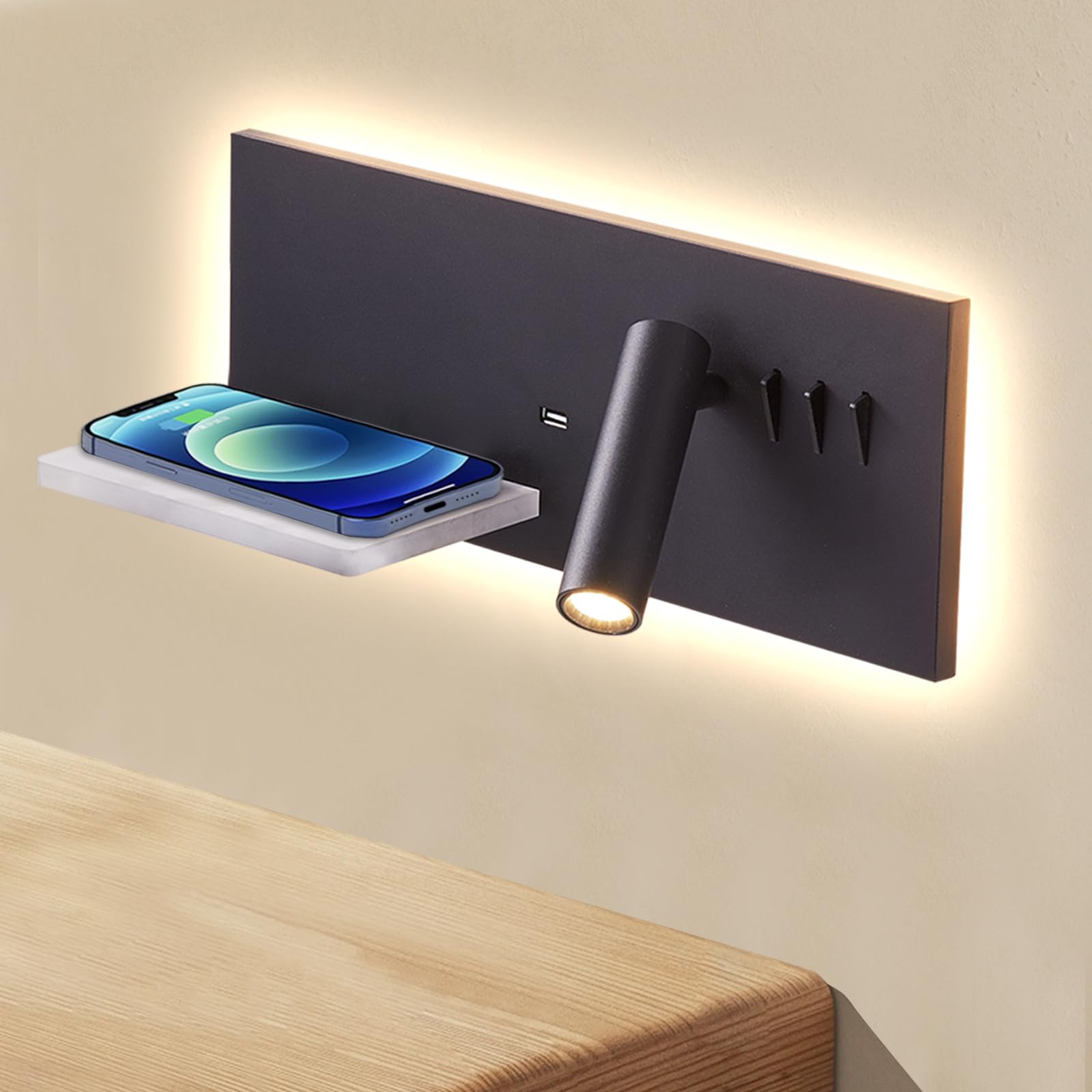 MOLUOLA LIGHTING LED Wall Mounted Reading Light with Wireless Charger ...