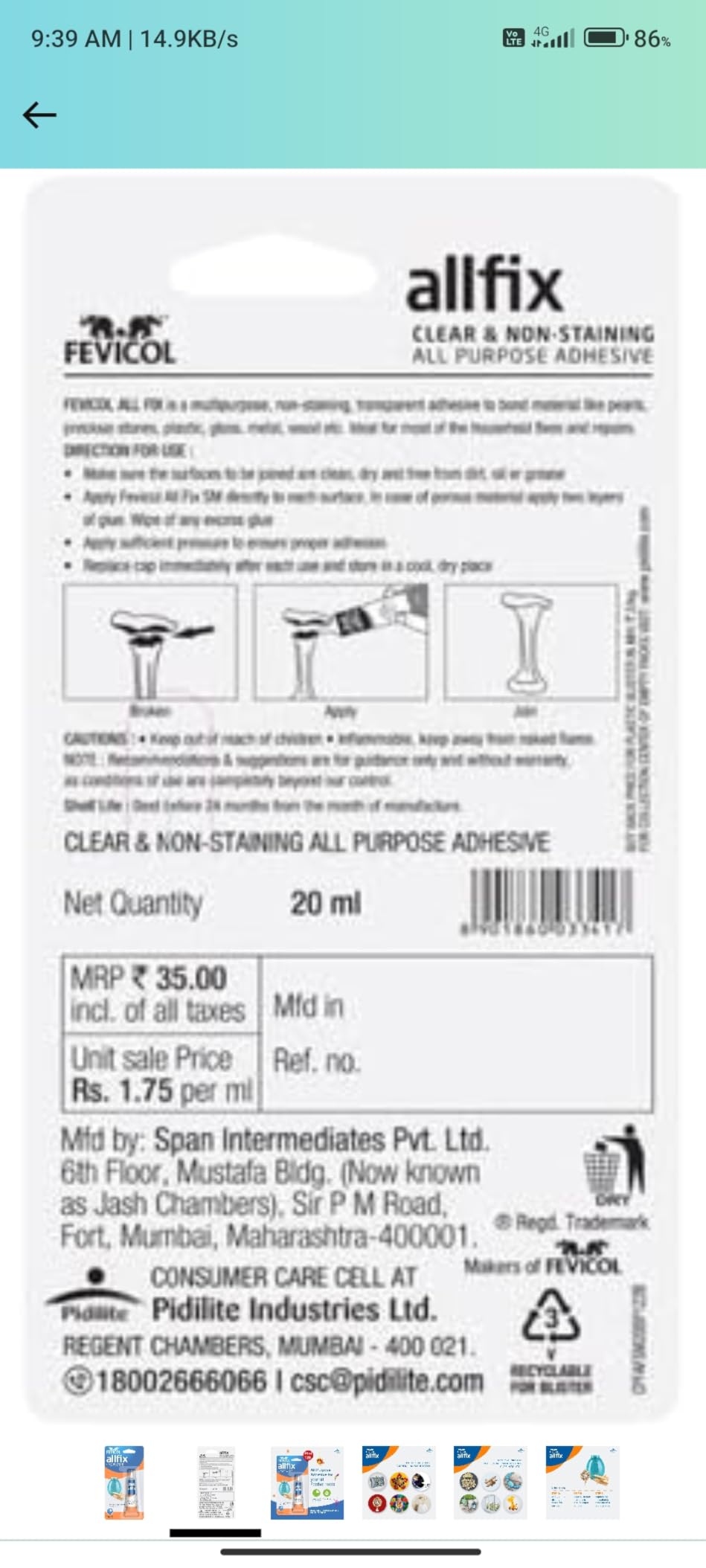 Pidilite Multi-Purpose Allfix Clear & Non-Staining Adhesive (20ml ...