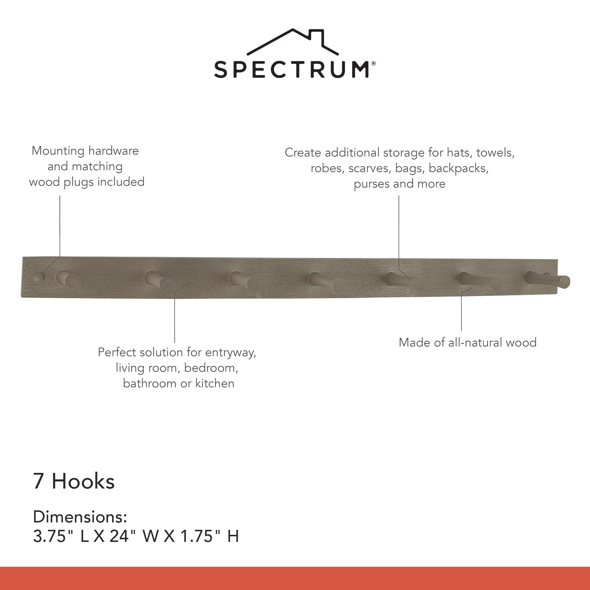 Snapklik.com : Spectrum Wall Mount 7 Peg Coat Rack Large Mounted Wooden ...