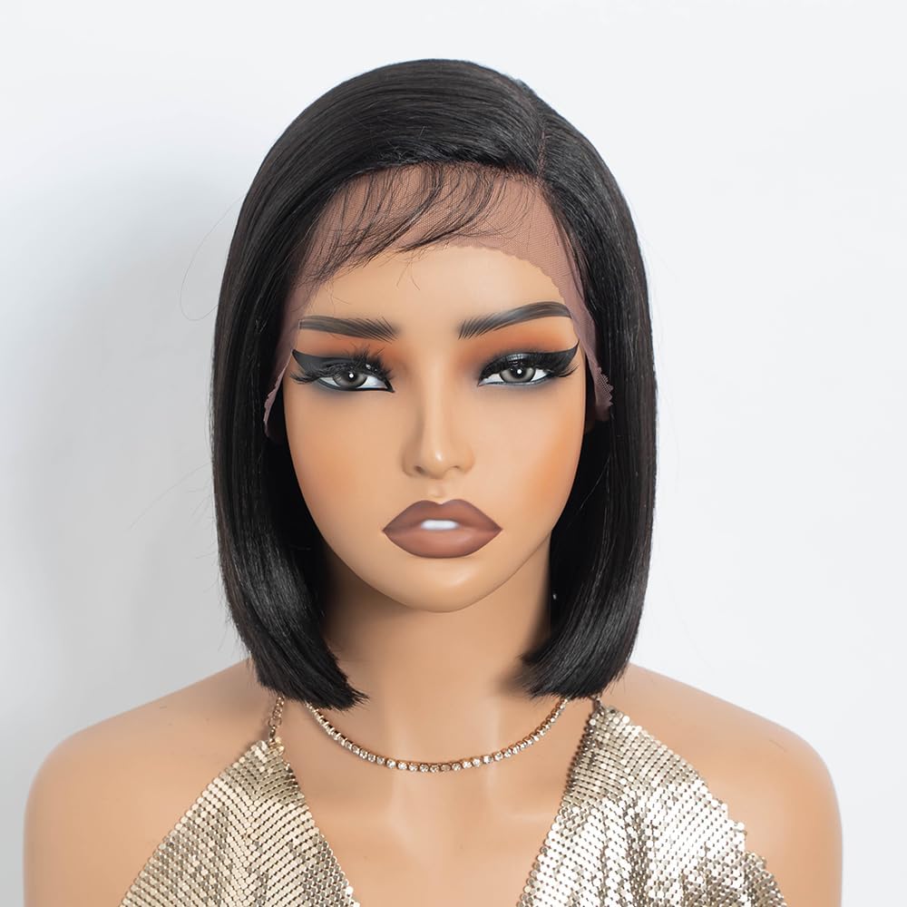 NOBLE Lace Front Bob Wigs Side Part Straight Bob Wig Dark Brown Short ...