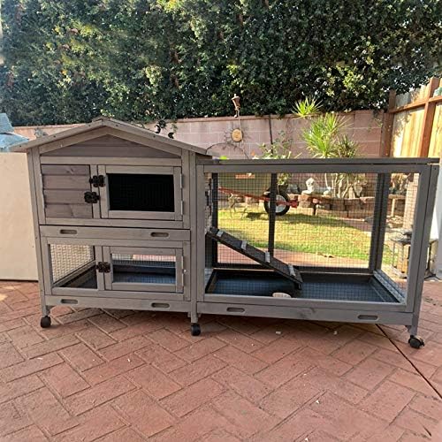 PawHut Indoor Rabbit Hutch with Wheels, Bunny Cage with Ramp, Run, Pull ...