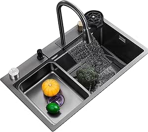 Køkkenvask med vandfaldsarmatur sort vask i rustfrit stål stor enkelt ...