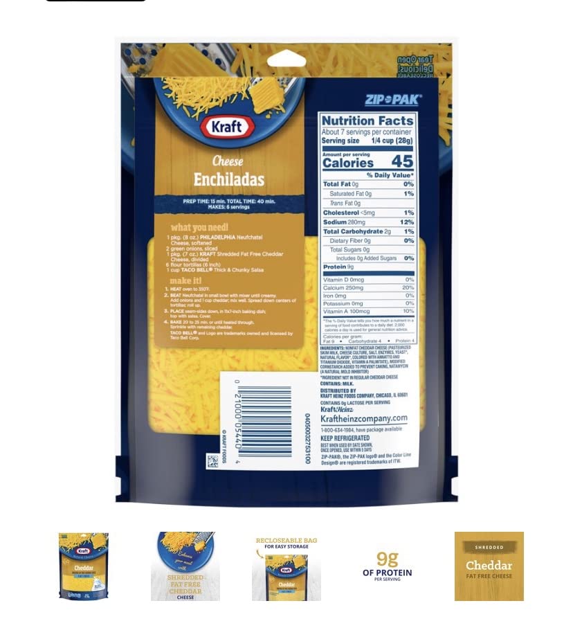 Amazon.com: Kraft Fat Free Natural Cheddar Shredded Cheese (7 oz Pouch)