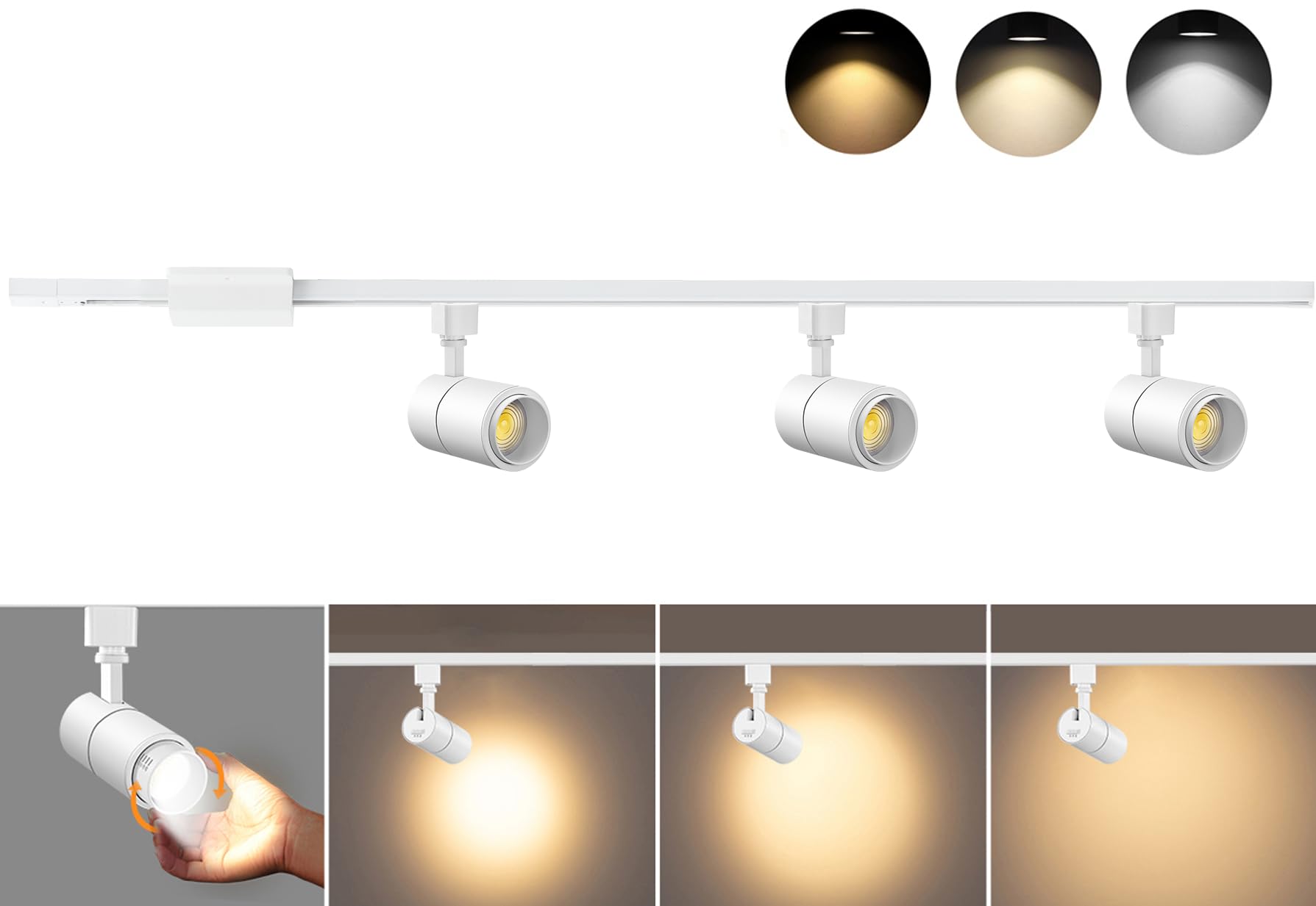 VANoopee 3-Color Zoomable 3 Light LED Track Lighting Kit with 3.3FT H ...