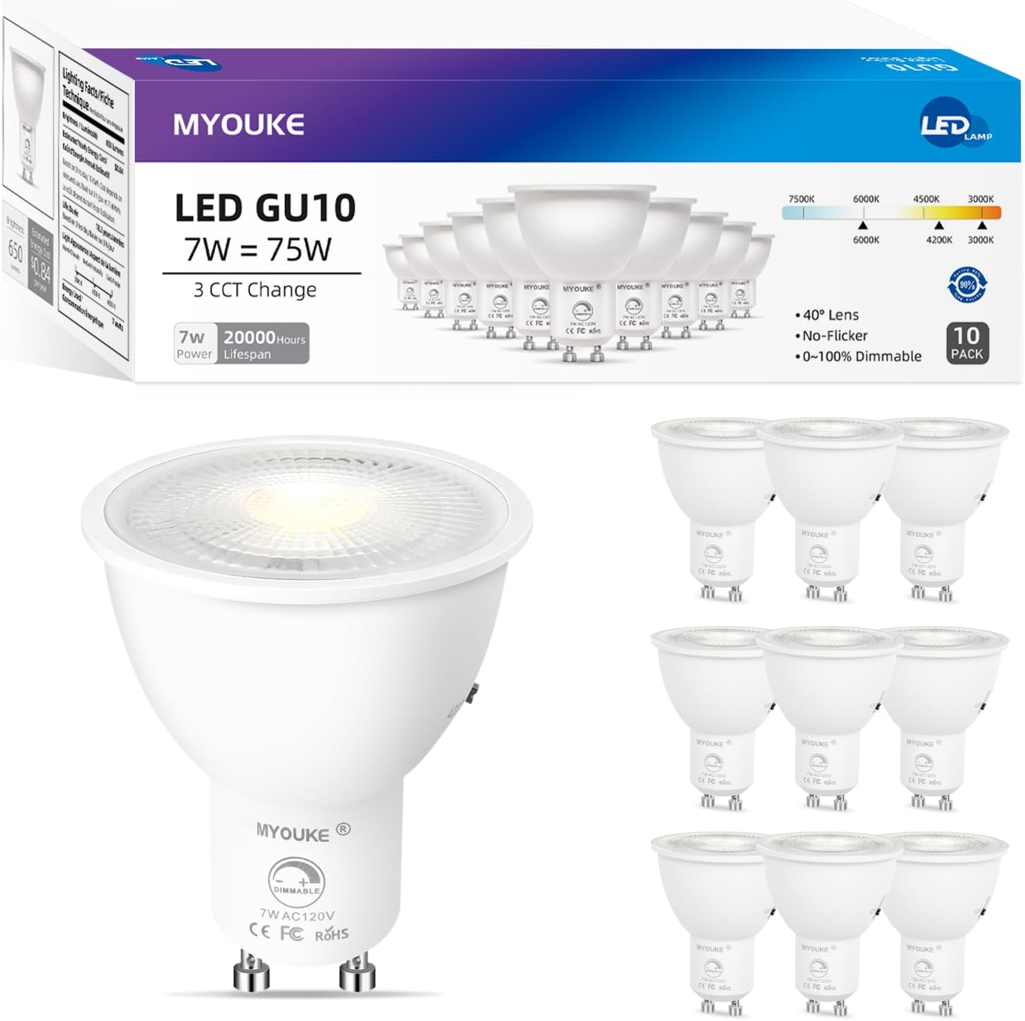 MYOUKE Dimmable GU10 LED Bulbs, 70W Halogen Bulb Equivalent, 3 Color ...