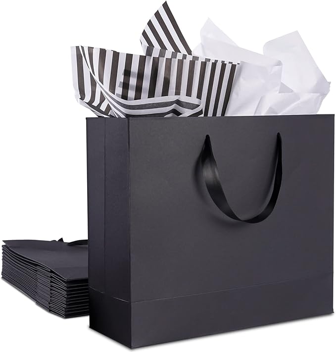 Amazon.com: 12 Pack Black Gift Bags with Ribbon Handles, Large Gift ...