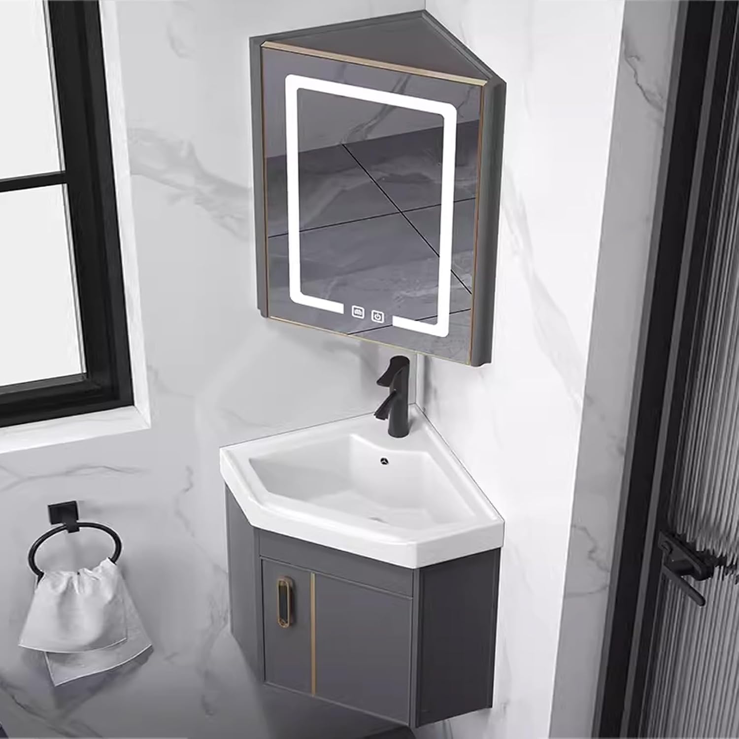 Corner Bathroom Vanity Set with Ceramic Sink & LED Mirror Cabinet ...