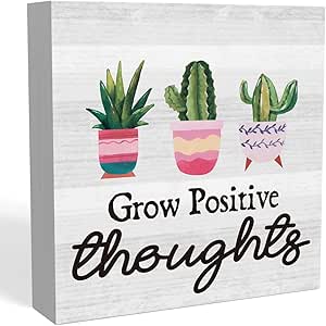 Amazon.com: Grow Positive Thoughts Cactus Succulent Desk Decor Wood ...