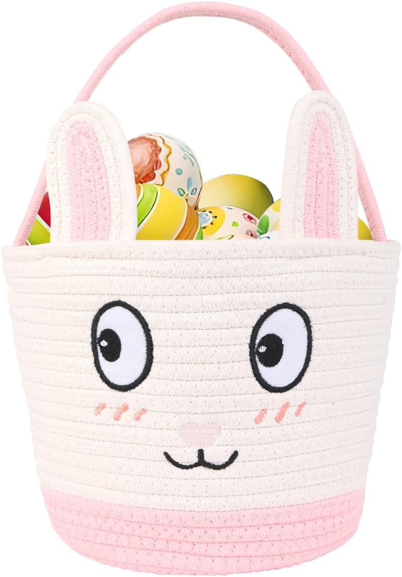Amazon.com: Easter Basket for Kids - Cute Pink Bunny Woven Bag for ...