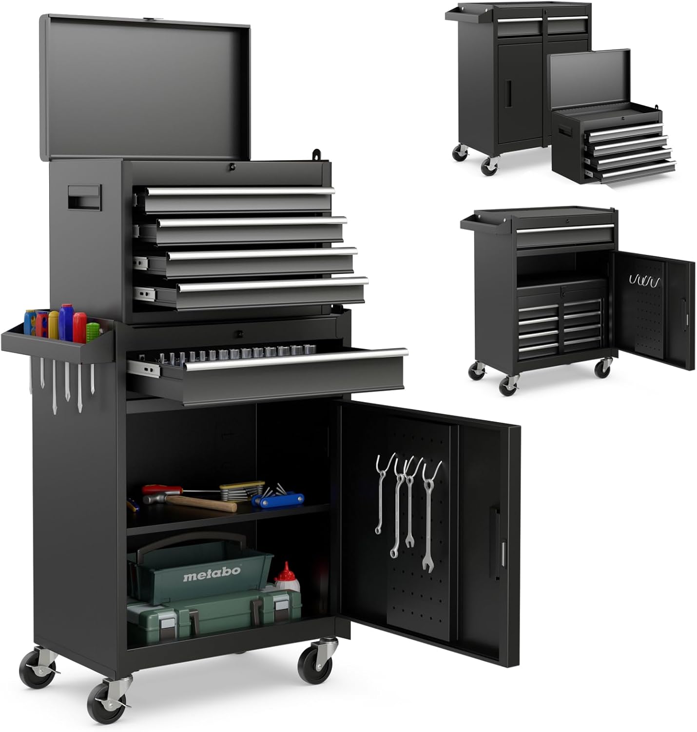 Happytools 5-Drawer Rolling Tool Chest, 2 in 1 Detachable Lockable ...