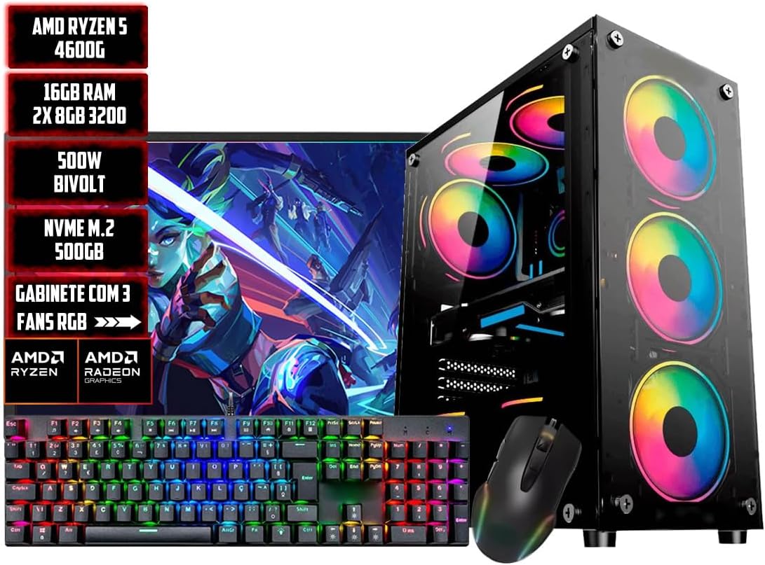 Pc Gamer Ryzen 5 4600G Completo - 16GB RAM - 250GB SSD + 500GB HD - Kit ...