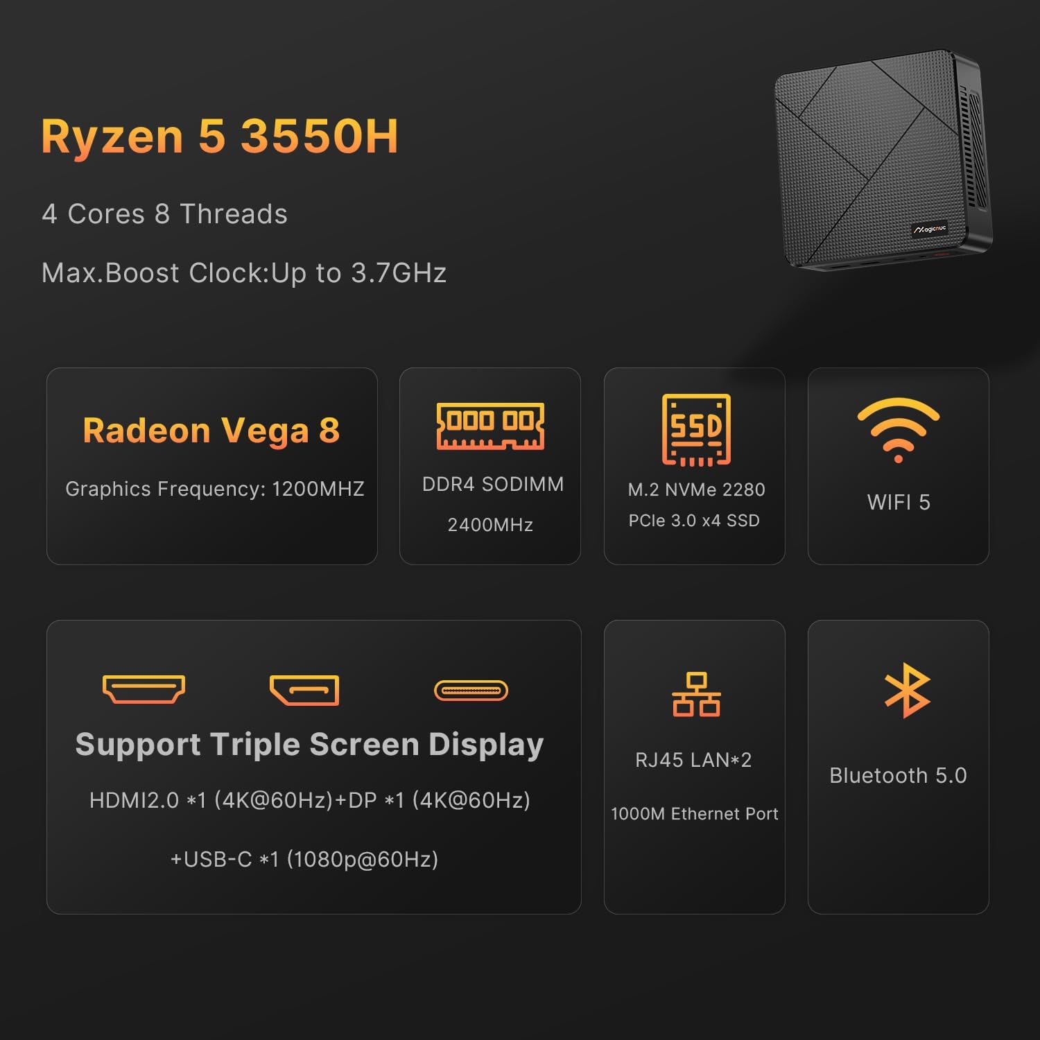 MAGICNUC AS1 Ryzen 5 3550H Home Office Mini PC (Surpasses N150/N100, Up to 3.7GHz), Mini ...