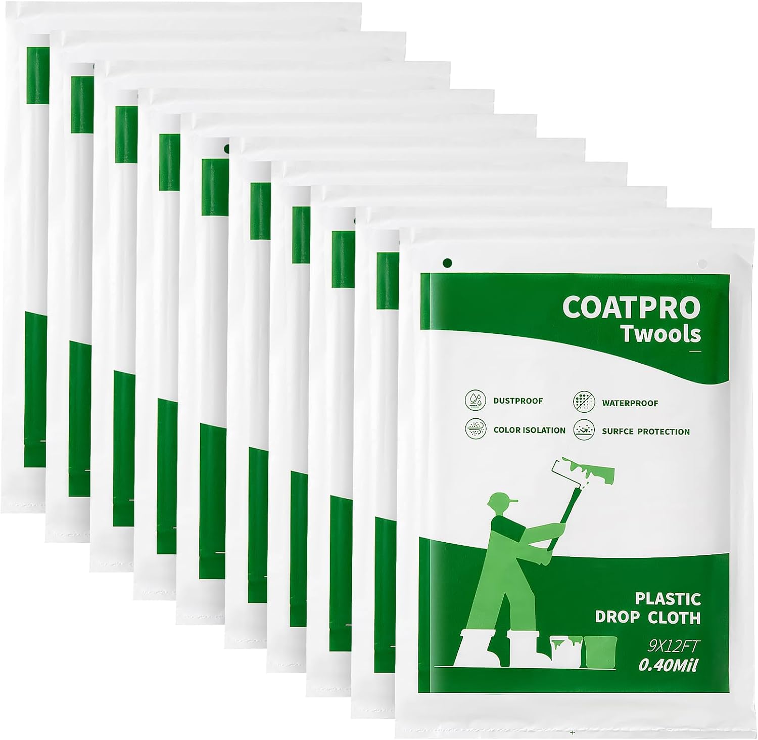 CoatPro Twools Plastic Drop Cloth, 10 Pcs 9x12 Feet Drop Cloth for ...