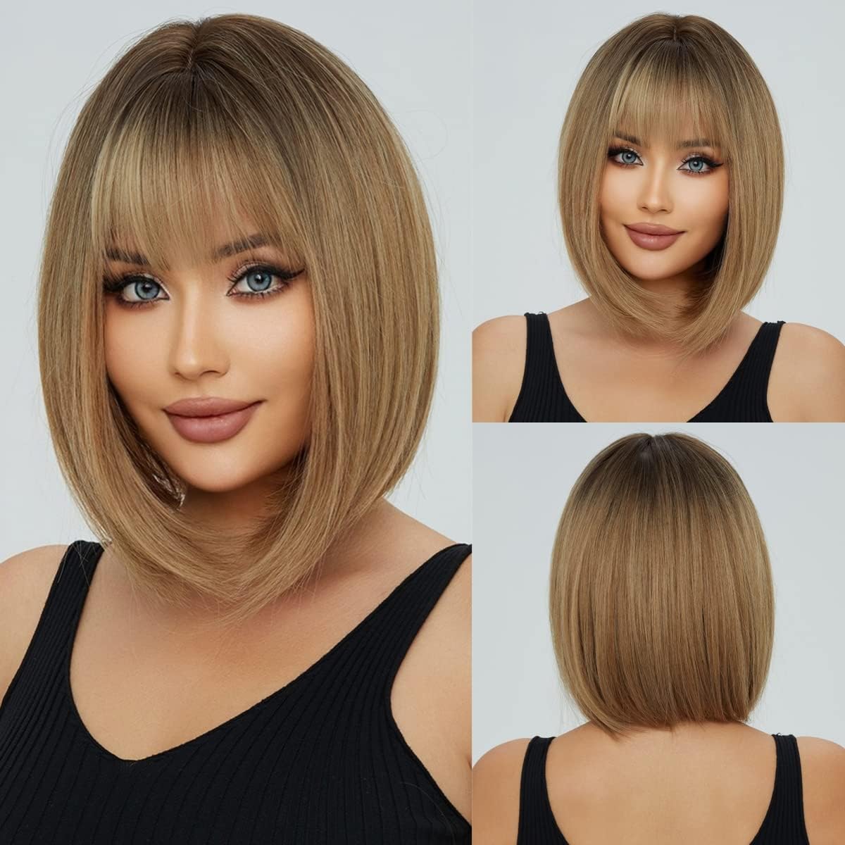 Amazon.com : RENERSHOW Medium Length Bob Wig with Bangs for White Women ...