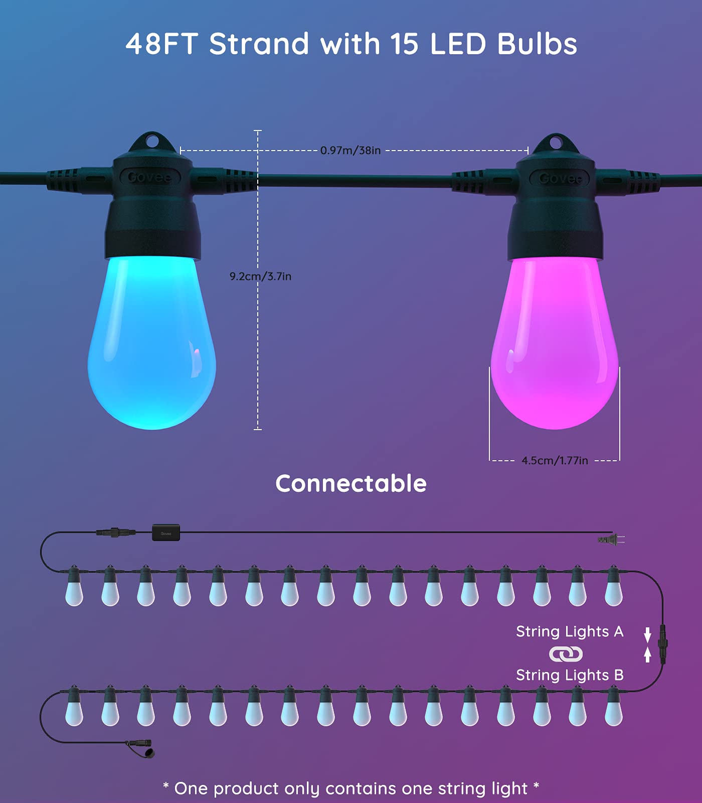 Govee Bluetooth 48ft RGBW Outdoor String Lights, Patio Lights App ...