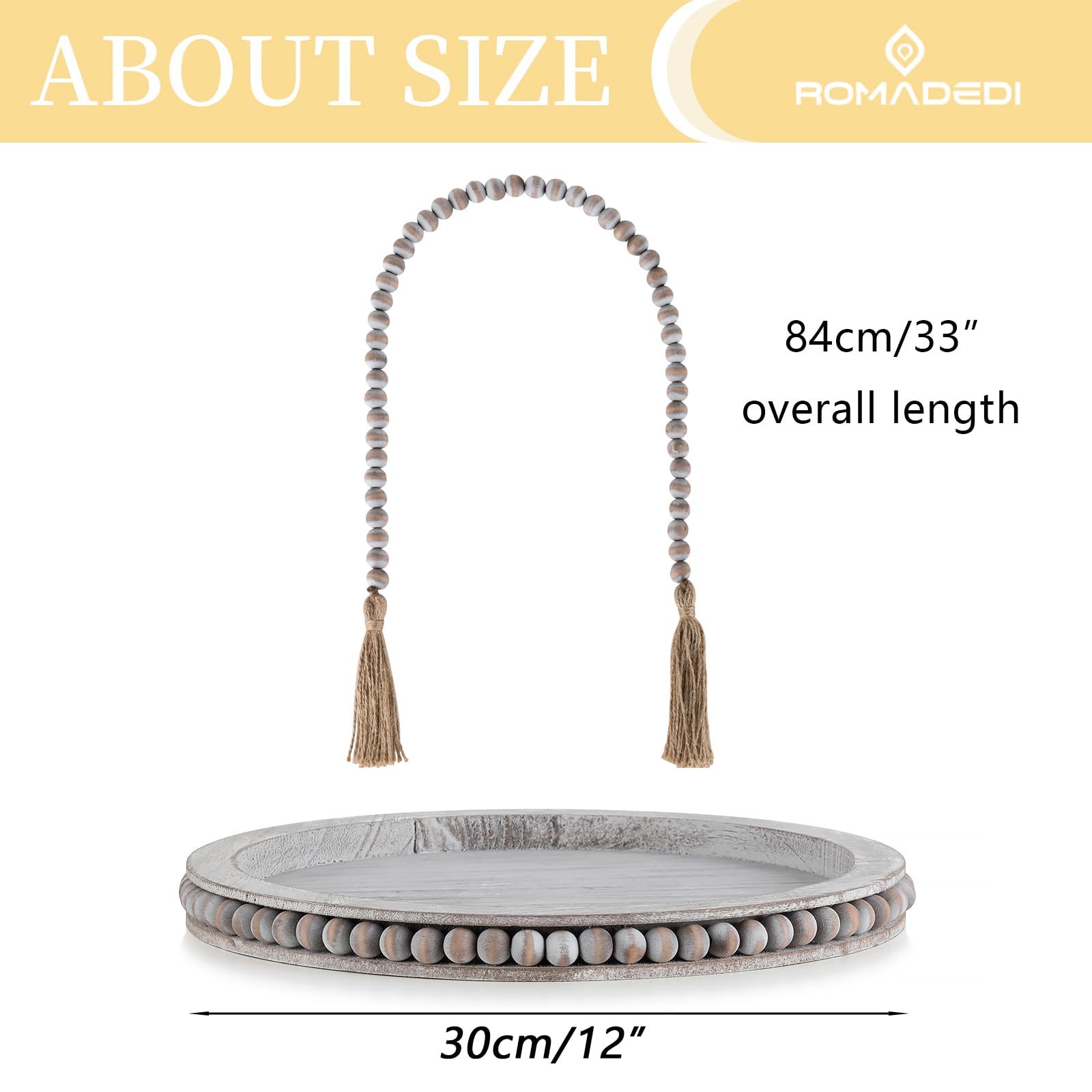 Romadedi Beaded Tray Wood Farmhouse: 12 inch Whitewashed Rustic Round ...