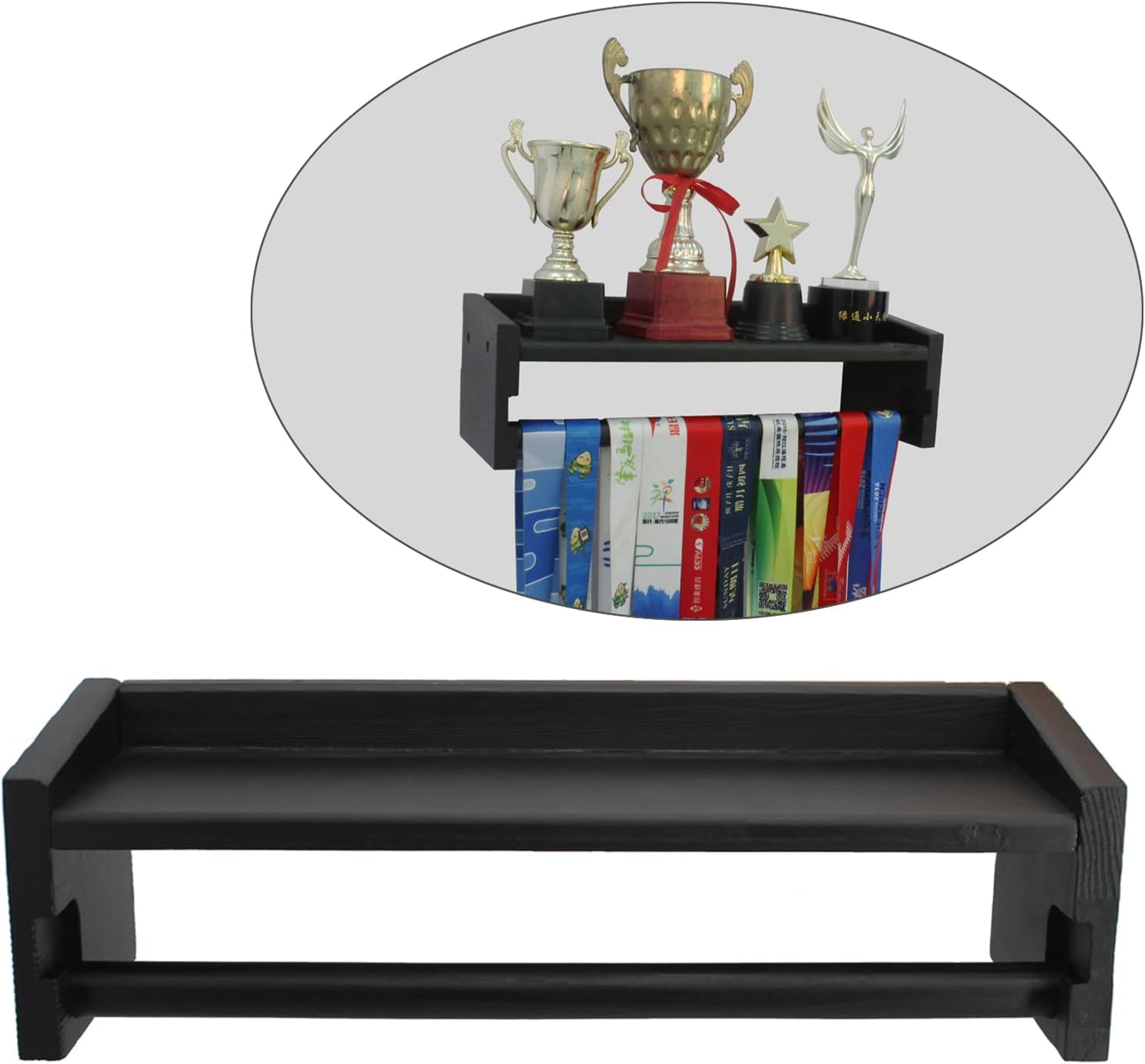 Medal Hanger Trophy Shelf, Wooden Medal Holder & Trophy Rack with Shelf ...