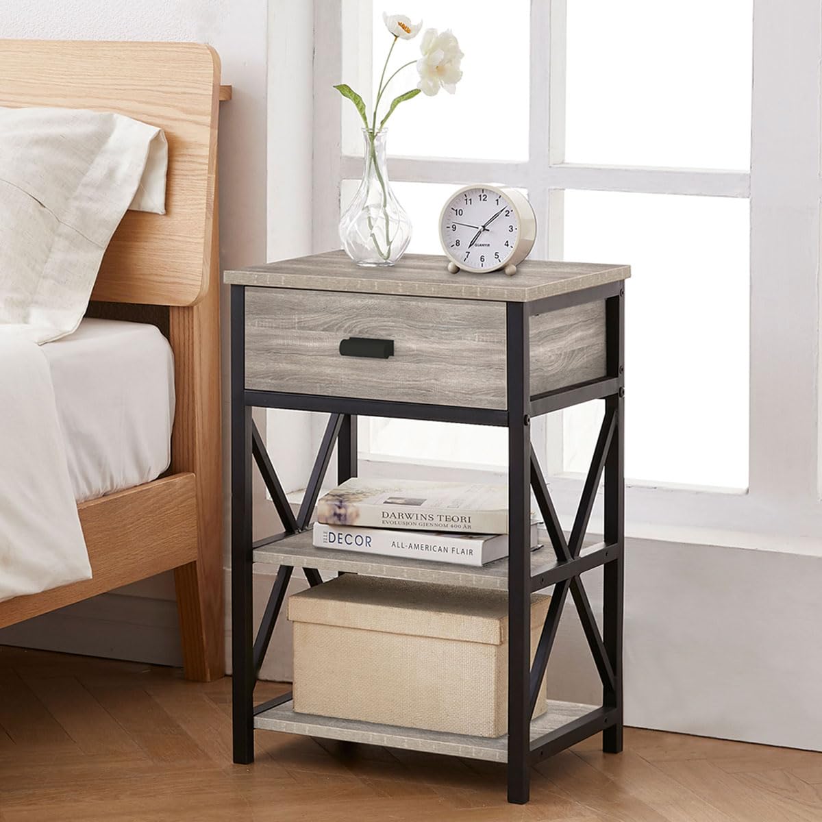 LVB Farmhouse Night Stand with Drawer, Small Industrial End Table with ...