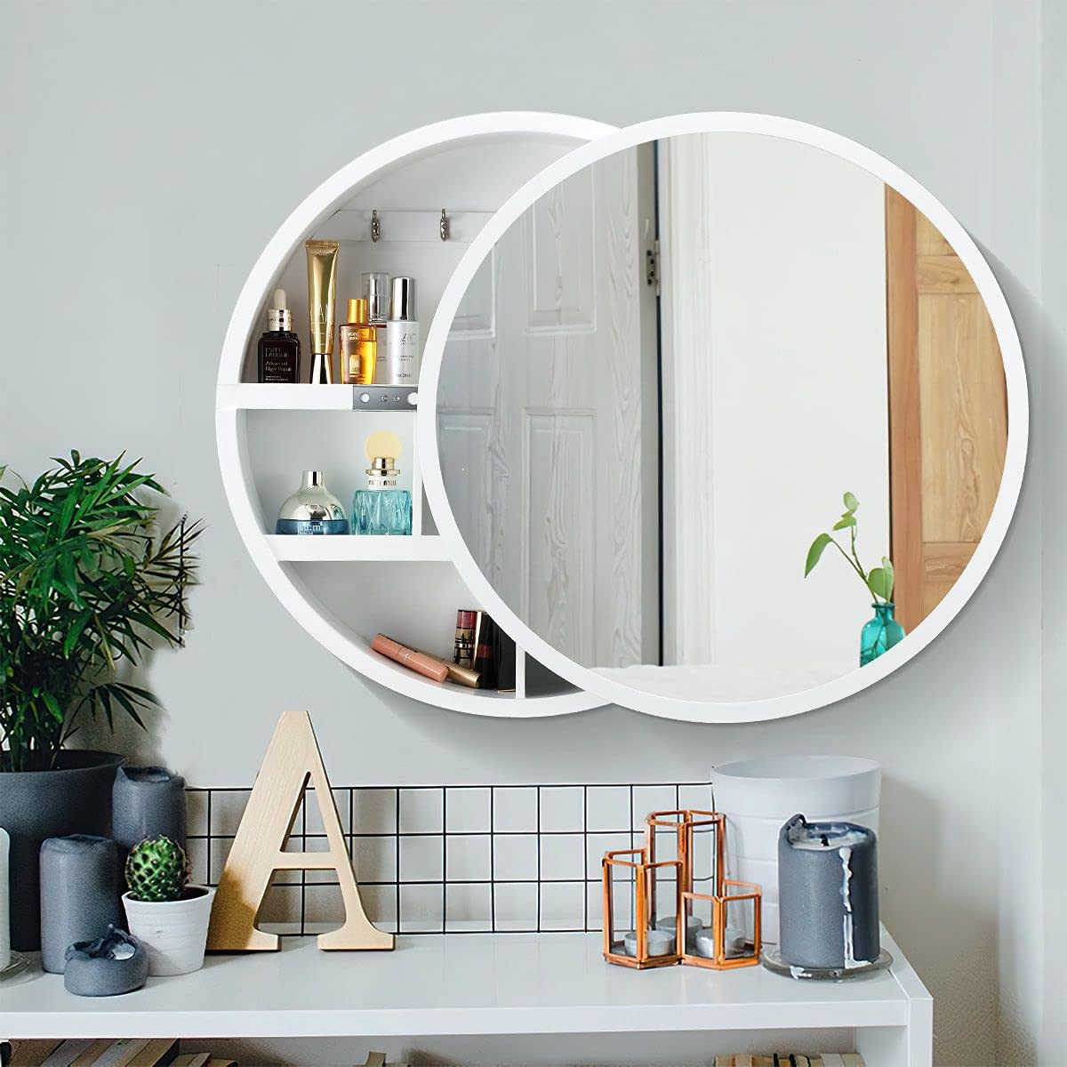 Luxsuite Round Mirror Cabinet Bathroom Medicine Vanity Wall Mirrored ...