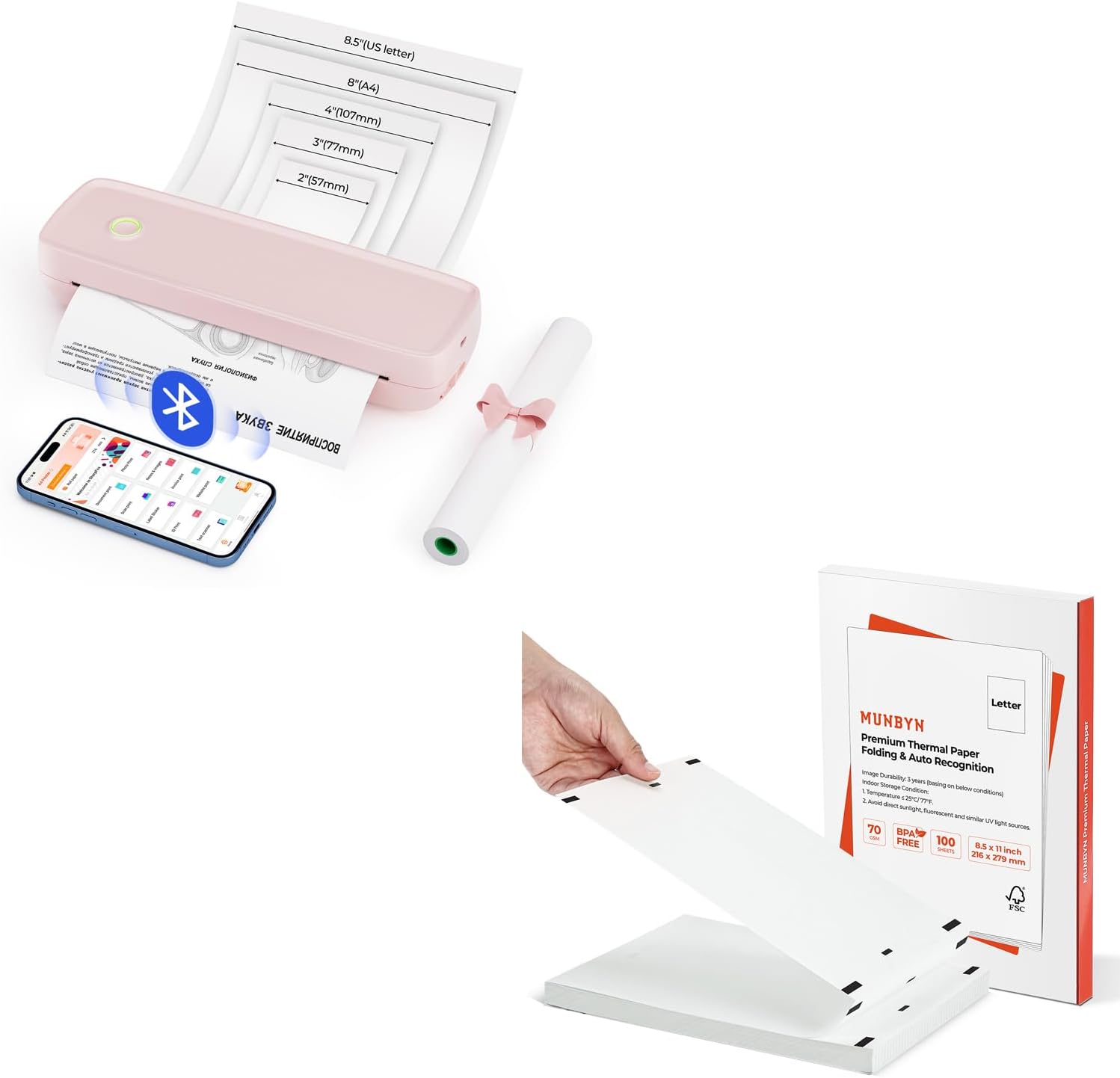 Amazon.com : MUNBYN Portable Printer ITP04 Pink and Thermal Paper 100 ...