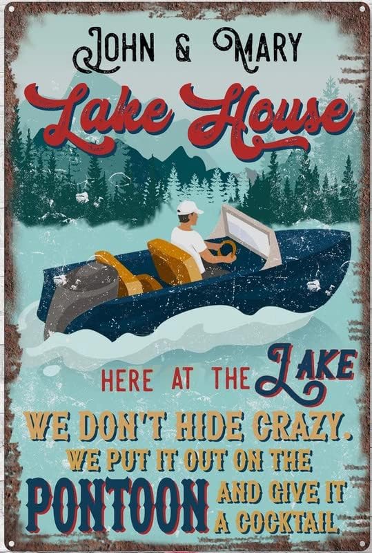 Amazon.com : Funny Metal Tin Sign Wall Art Lake House Here At The Lake ...