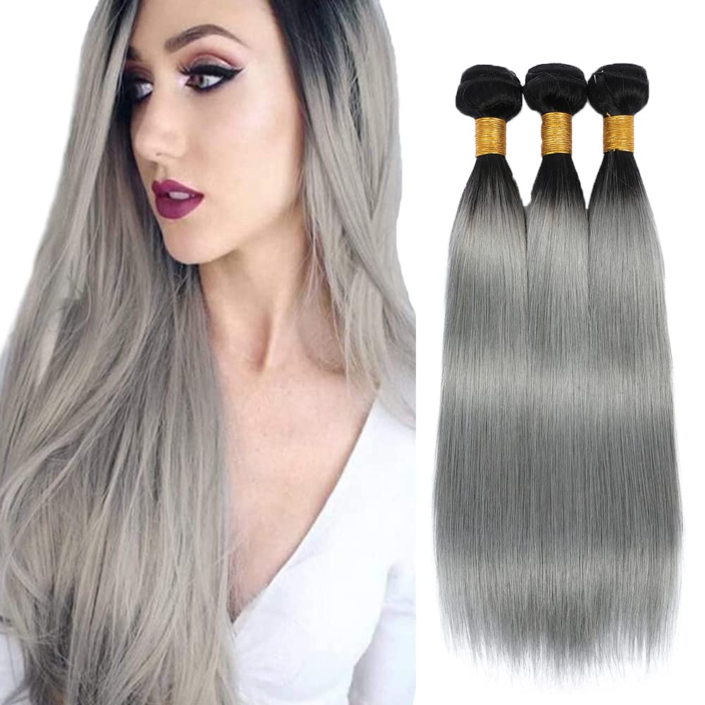 Amazon.com : Ombre Grey Bundles Human Hair 1b/Grey 3 Bundles Straight ...