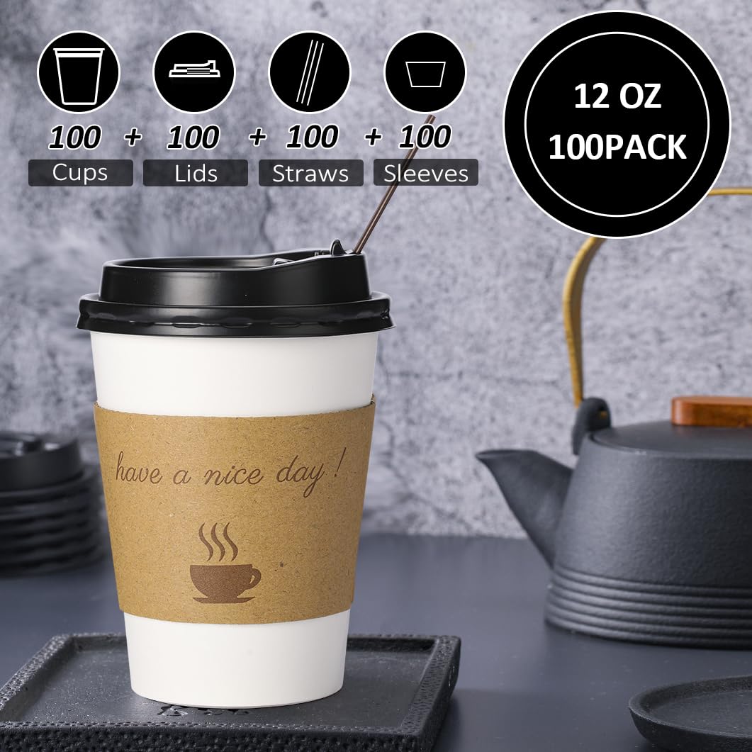 Snapklik.com : BYSNOW 100 Pack 12 Oz Disposable Thickened Coffee Cups