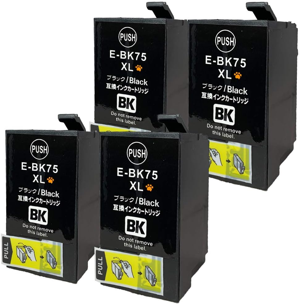 Amazon.co.jp: EPSON エプソン ICBK75 黒(XLBK)x4個 大容量 4本セット ふでマーク 残量表示可能ICチップ付 互換インクカートリッジ 【ハニハニ製 1年 ...