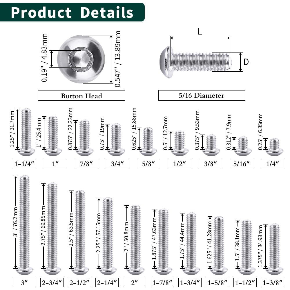 Snapklik.com : 5/16-18 X 1-1/2" Button Head Socket Cap Bolts Screws