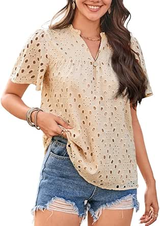 Falechay Womens Summer Tops V-Neck Short Sleeve Shirts Dressy Casual ...