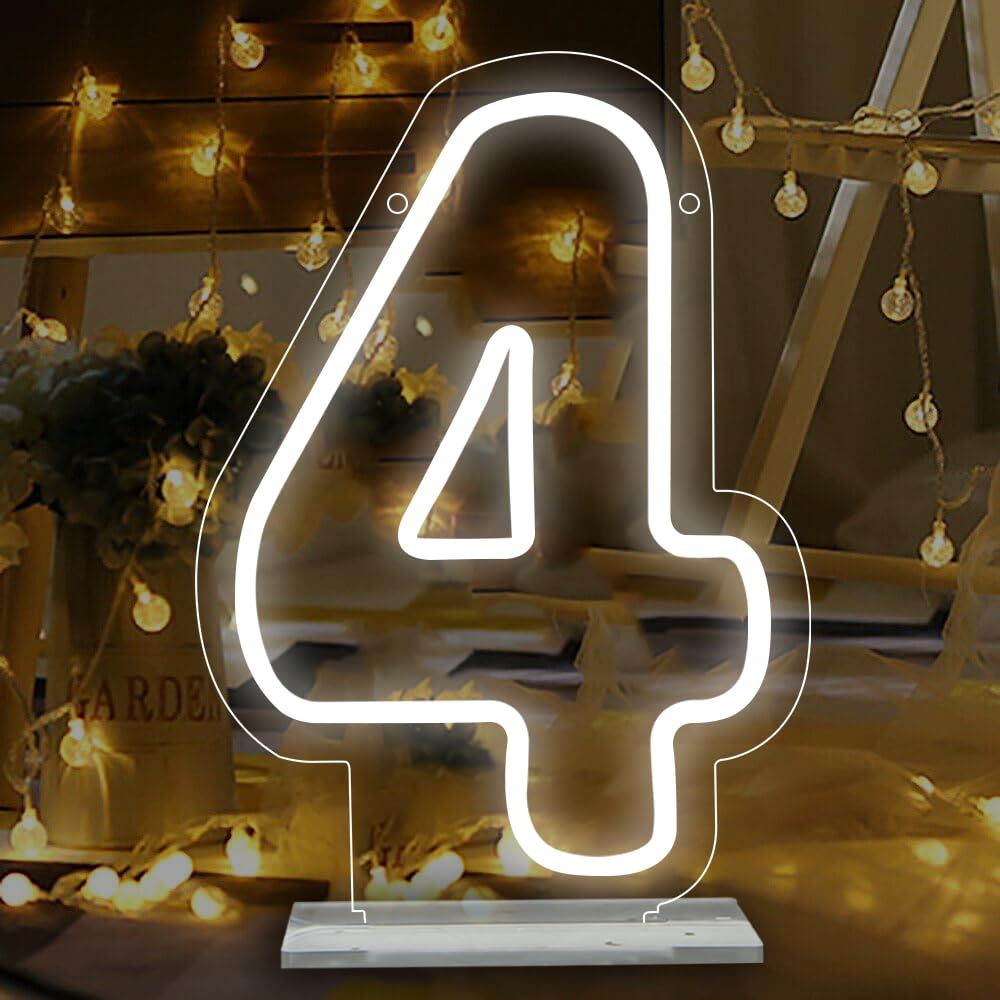 attneon Number 4 Neon Sign,Led Light Up 4 Numbers Neon Lights,Number ...