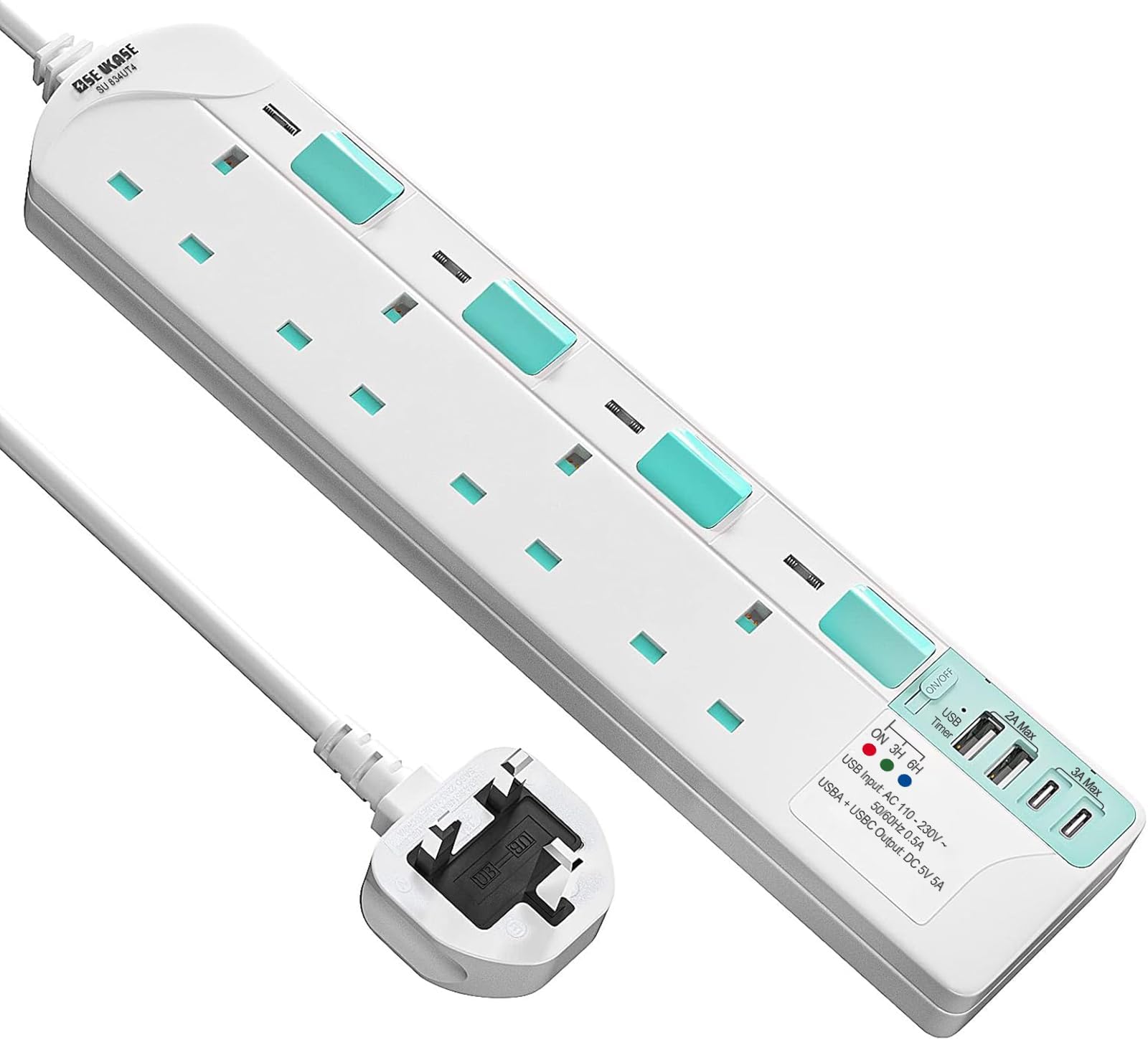 SE UKASE Extension Lead with USB Slots(5V/5A),USB Timer, 4 Way Plug ...
