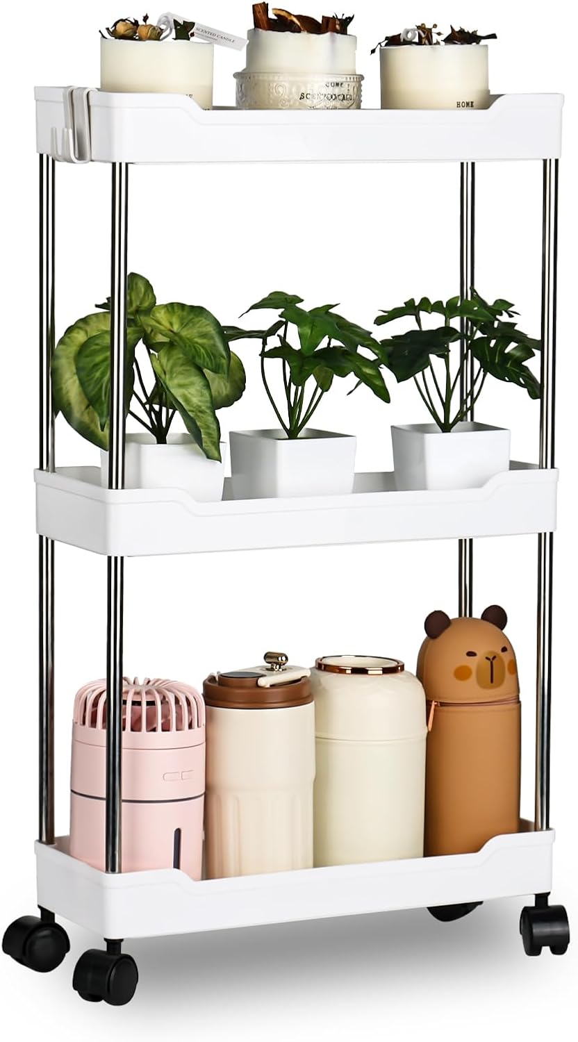 3 Tier Slim Storage Trolley Slide Out Rolling Utility Shelf Rack ...