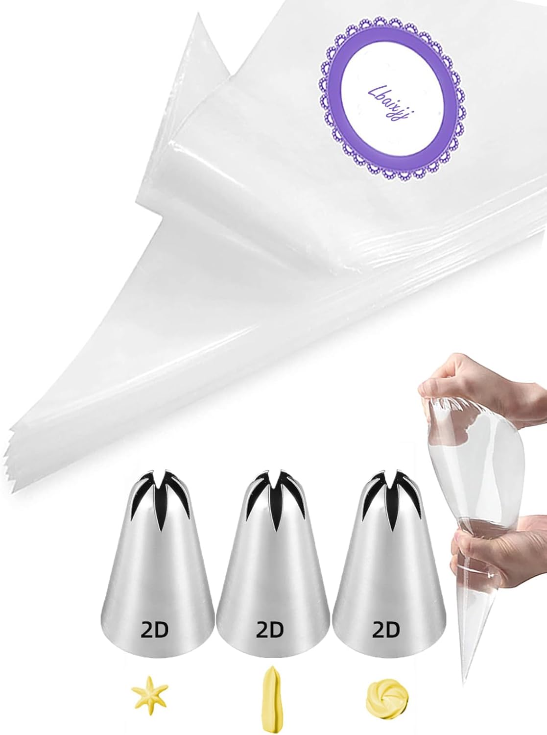 Amazon.com: 2D Piping Tip and Bags Set,2D Closed Star Tip 3 pcs with 20 ...