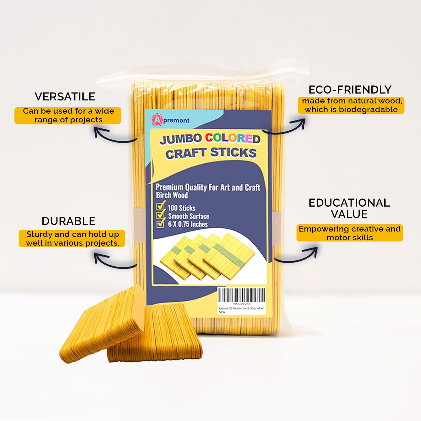Snapklik.com : Apremont 100 Pieces Yellow Jumbo Colored Wooden 6 Inches ...
