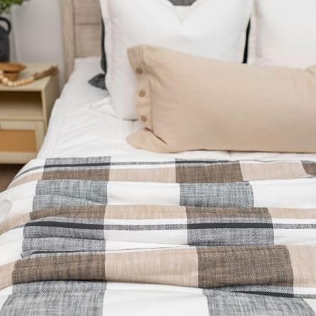 Amazon.com: Beddy's Gray and Tan Plaid Blanket, Dual Sided Cotton ...