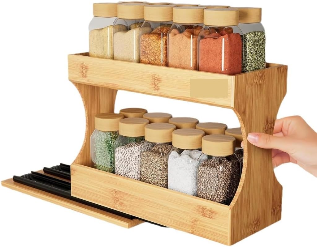 Amazon.com: Spice Rack Storage Stand 2-Tier Bamboo Spice Rack for ...