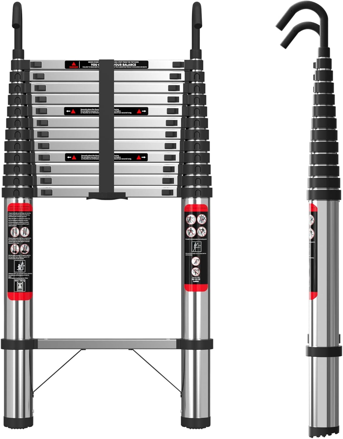 5M Telescoping Ladder with Hooks, Multifunction Stainless Steel Folding ...