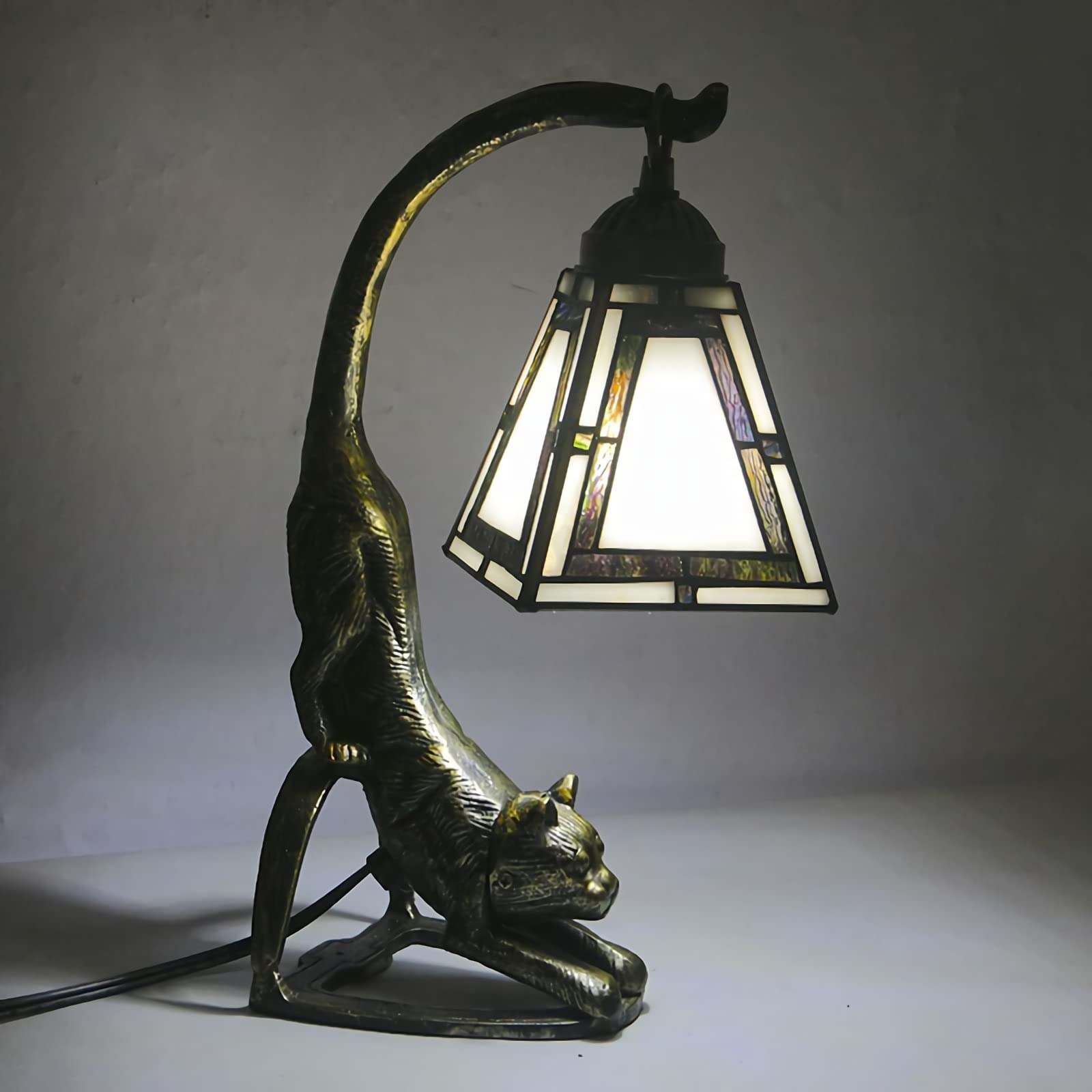 Tiffany Style Table Lamp, 6 inch Stained Glass Bedside Lamp with Cat ...