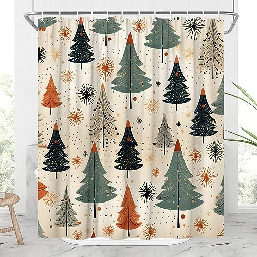 Amazon.com: JONSEQIN Merry Christmas Shower Curtain Abstract Vintage Xmas Pine Tree Red Green ...
