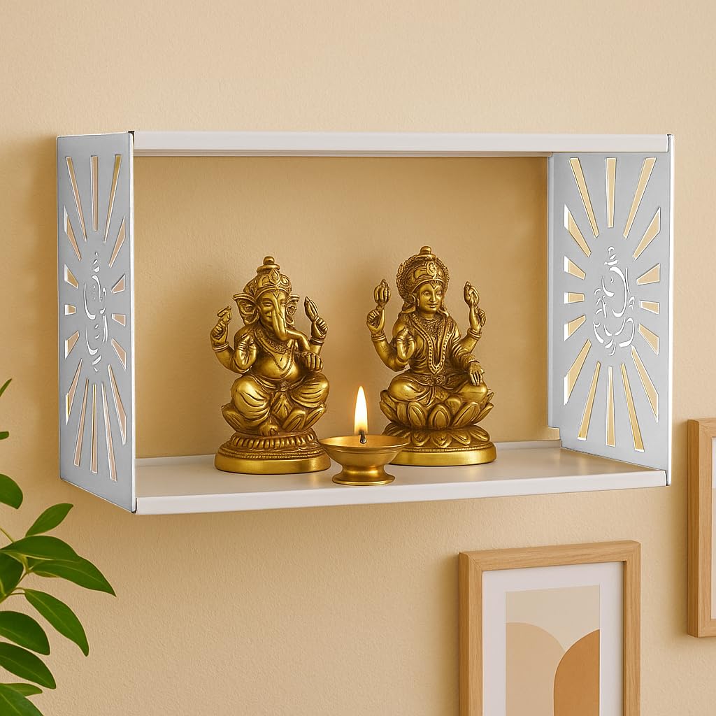 Spillbox Metal Pooja Home Temple|White Metal Shelf |Wall Mountable|Easy Screw Assembly|Home ...