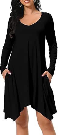 Afibi Women's Long Sleeve Pockets Casual Loose Swing T-Shirt Dresses ...